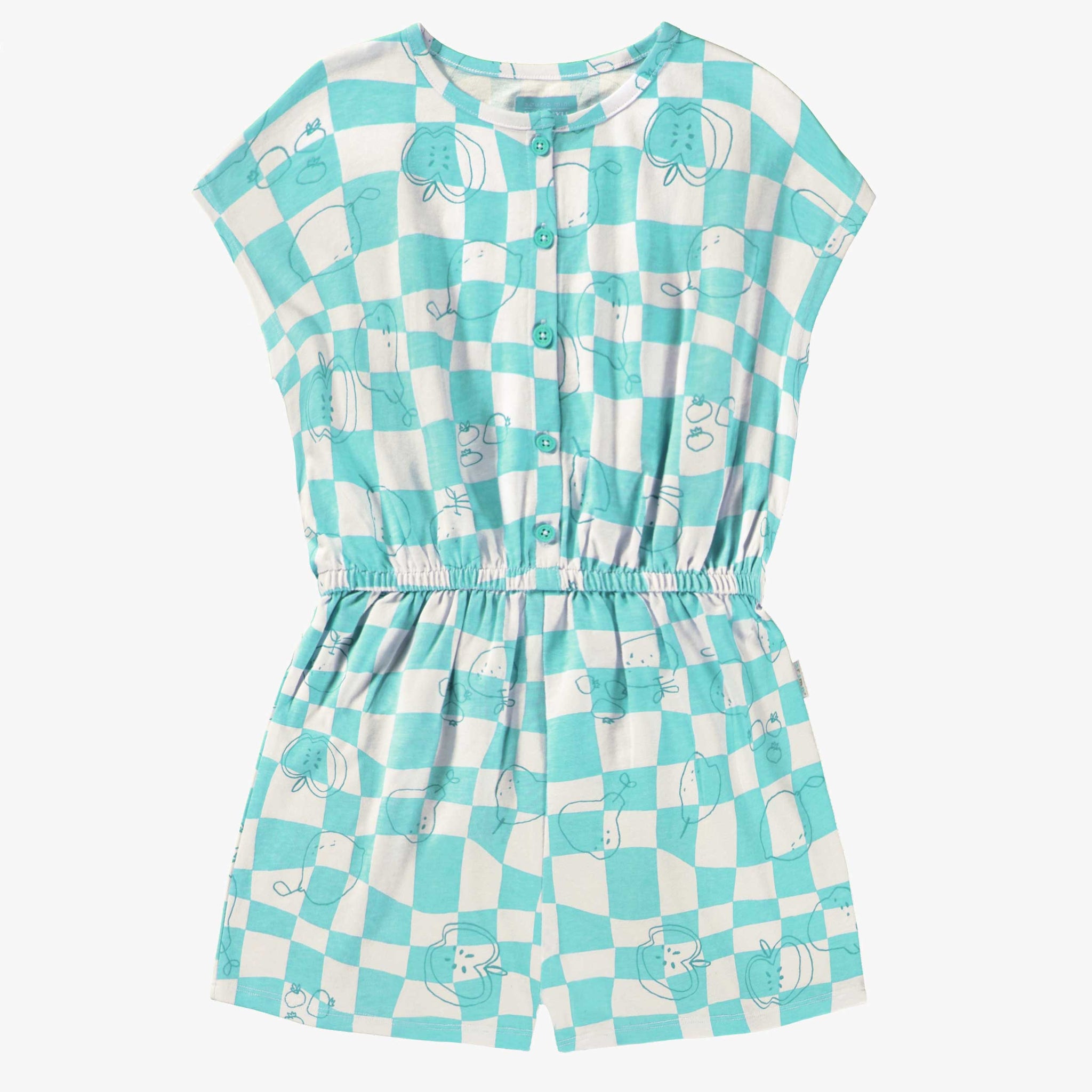 Combishort bleu aqua et crème à carreaux et motifs, enfant - Souris Mini